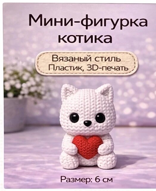 Котенок белый, вязаный стиль, высота 6см, оригинальный подарок и декор для дома. 3д фигурка
