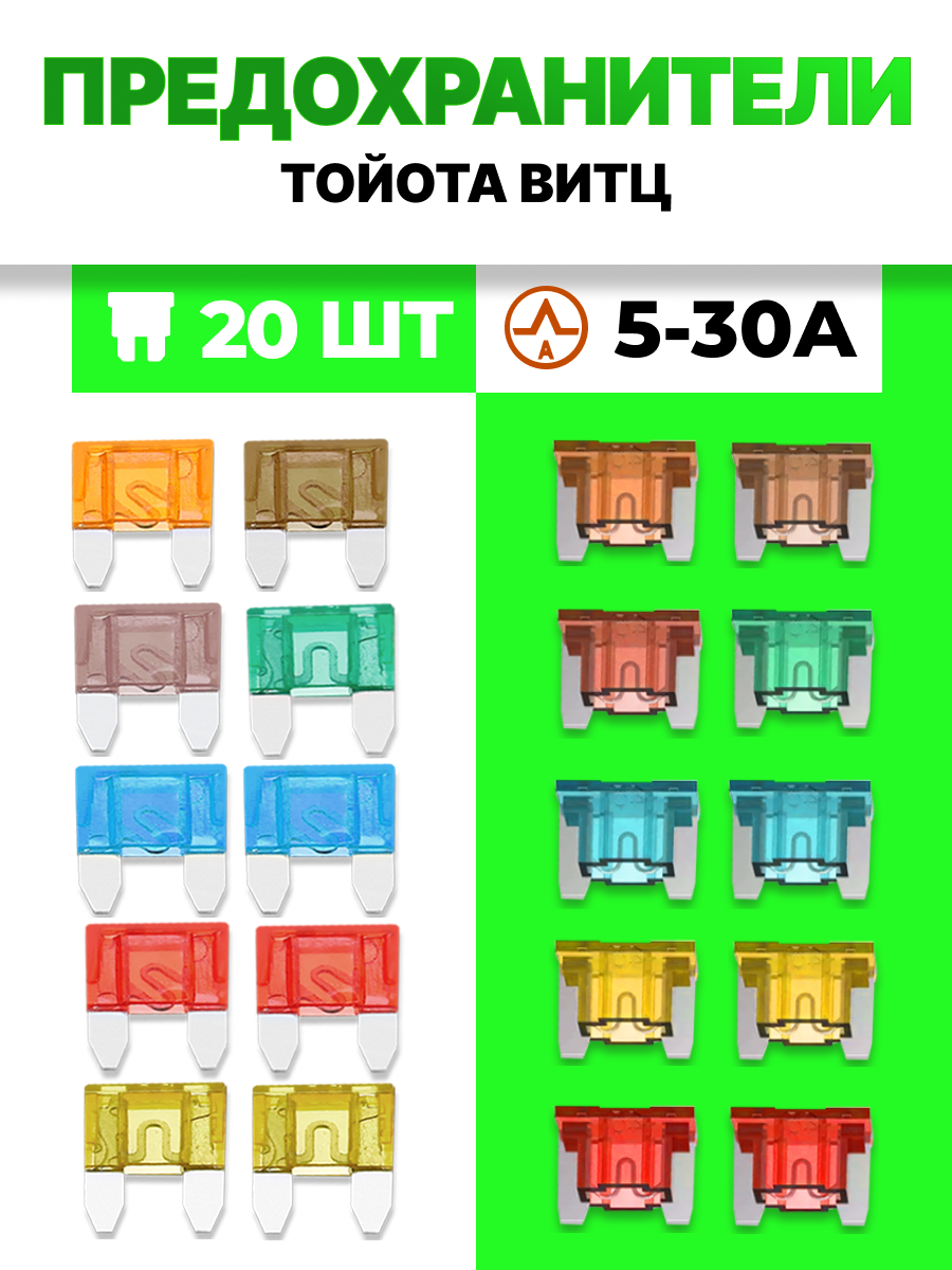 Предохранители Тойота Витц флажковый набор Мини+Микро 20 шт / Toyota Vitz