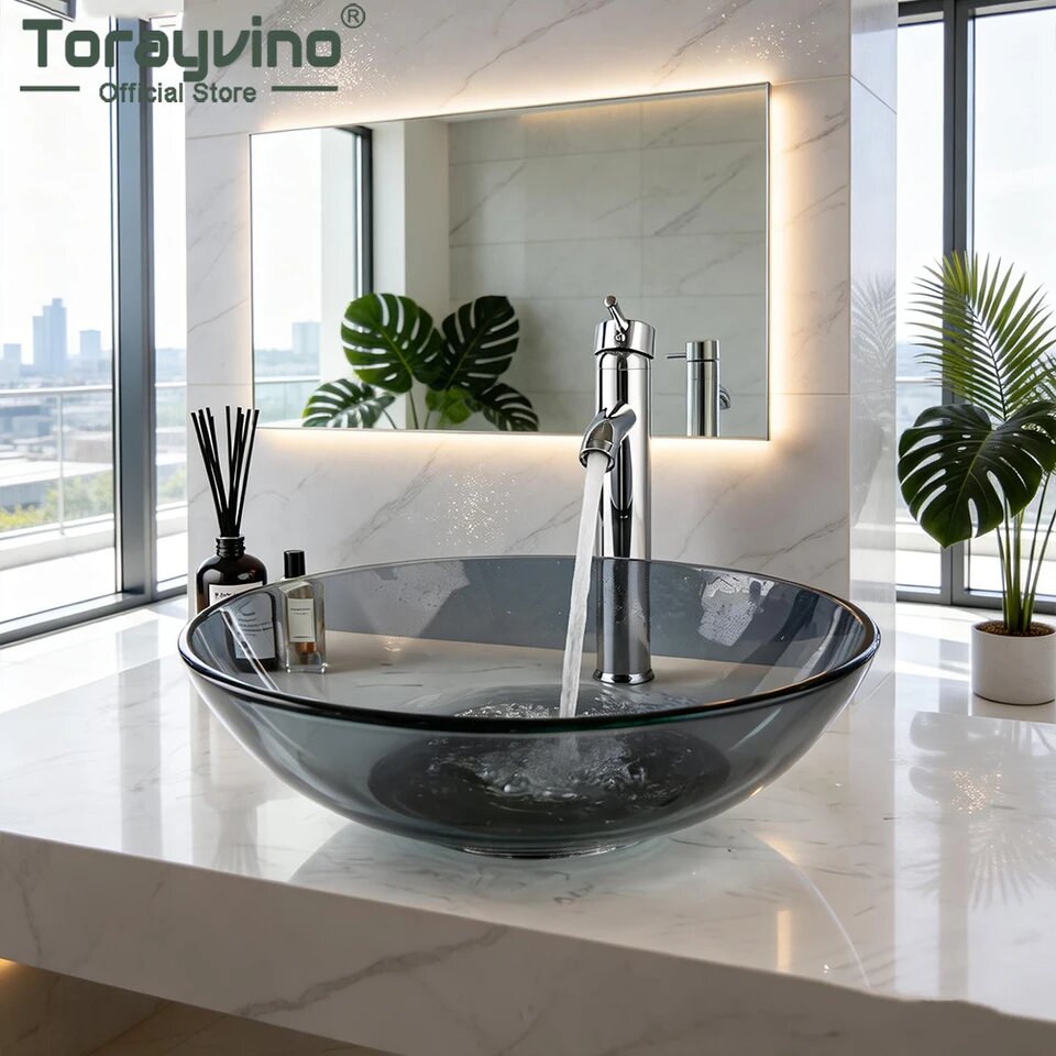 Комплект смесителя для раковины в ванной комнате Torayvino Grey Round Bowl с прозрачным закаленным стеклянным сосуда и смесителем с водяным краном W/ Pup Drain