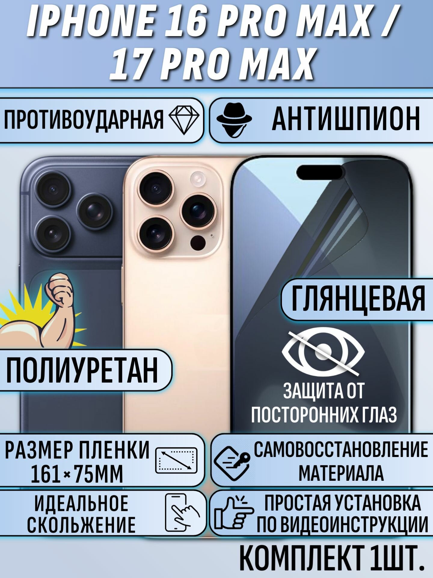 Гидрогелевая пленка айфон 16 про макс / 17 про макс / iphone 16 pro max / iPhone 17 Pro Max антишпион