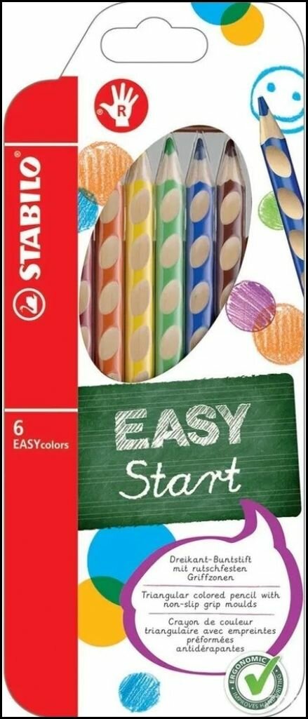 Набор цветных карандашей STABILO EASYcolors, для правшей, трехгранные, насечки, 6 цветов, коробка