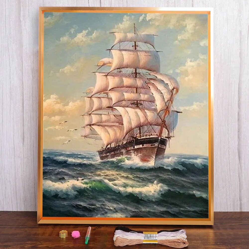 MEIAN Набор для вышивания,30x40CM, Чистый холст с сеткой,14CT, яхта