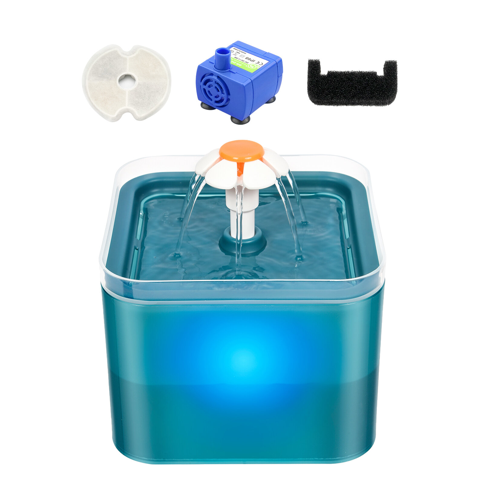 Напольный фонтан для питомцев 2L с 3 режимами воды, LED-освещением, тихой помпой, напольный водоем для питья с 2 хлопковыми фильтрами для кошек и маленьких собак