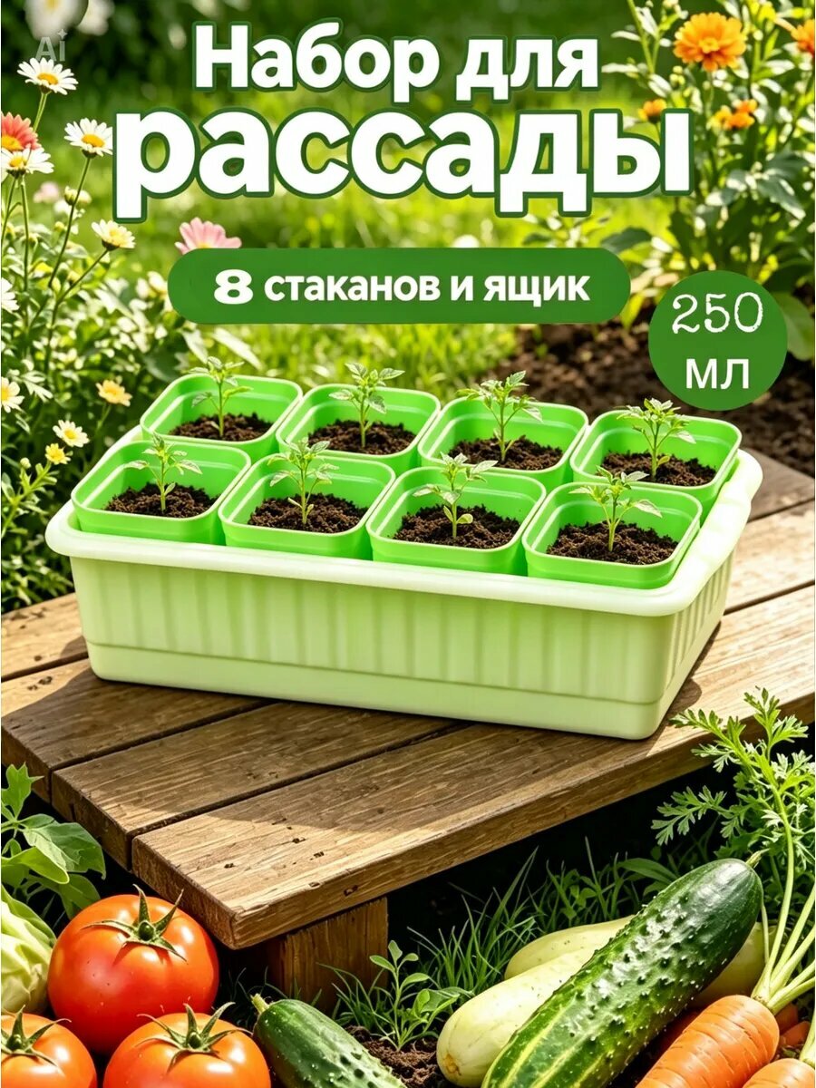 Набор для рассады Рассадник ящик-поддон и 8 стаканов
