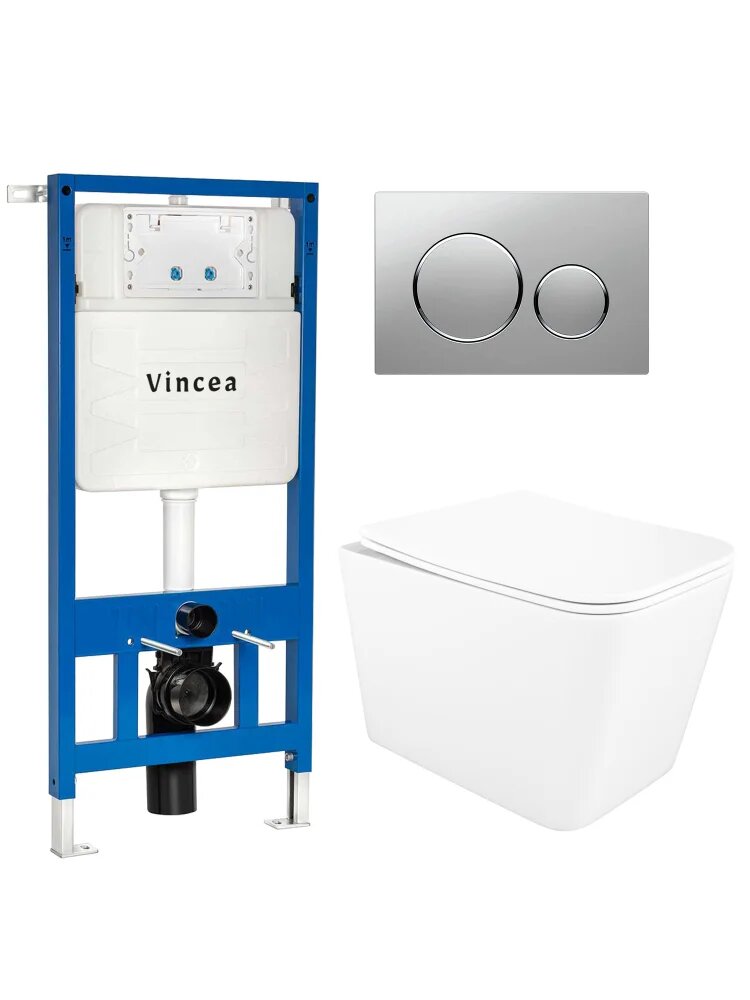 Комплект 5 в 1: Инсталляция Vincea VIS-601 / Унитаз подвесной STWORKI Молде S23401WH / Сиденье с микролифтом, Кнопка VFP-005CH, матовый хром, Комплект креплений
