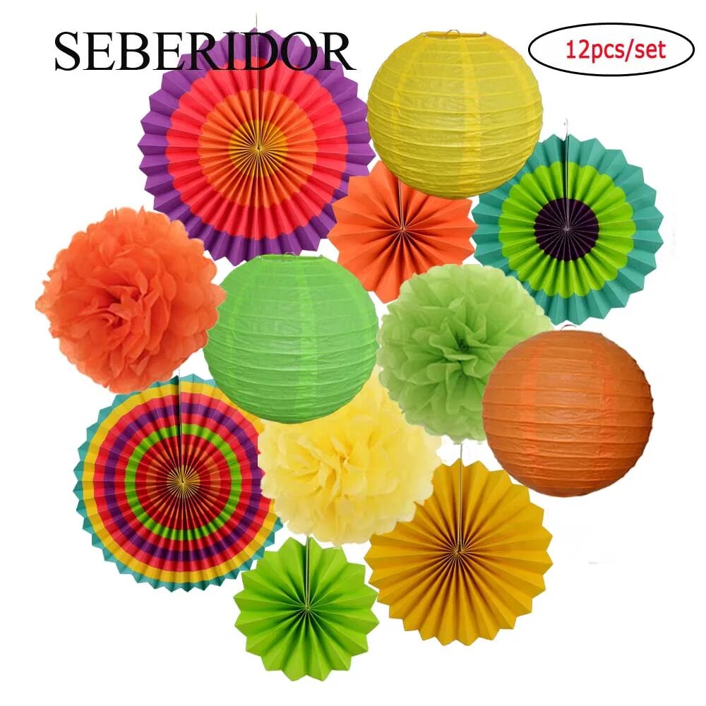 Набор подвесных бумажных вееров и фонариков, красный, зеленый Colorful Set
