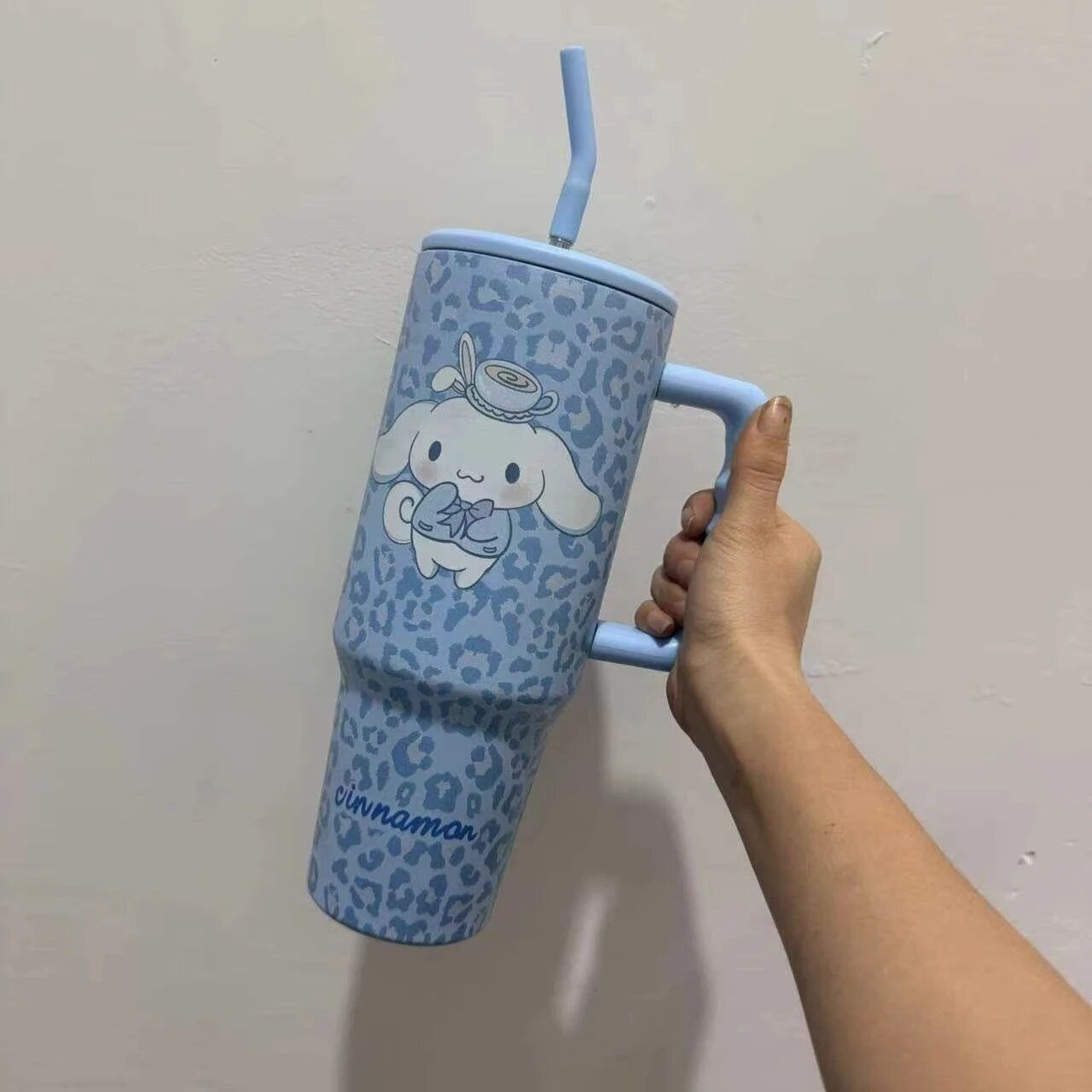MINISO Термос Hello Kitty с леопардовым принтом, соломенная бутылка для воды, дорожная спортивная бутылка для воды，синий