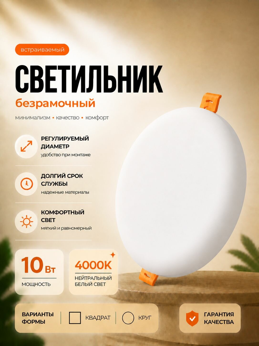 Светильник потолочный светодиодный безрамочный встраиваемый 10Вт, 4000К, корпус с регулирующими креплениями