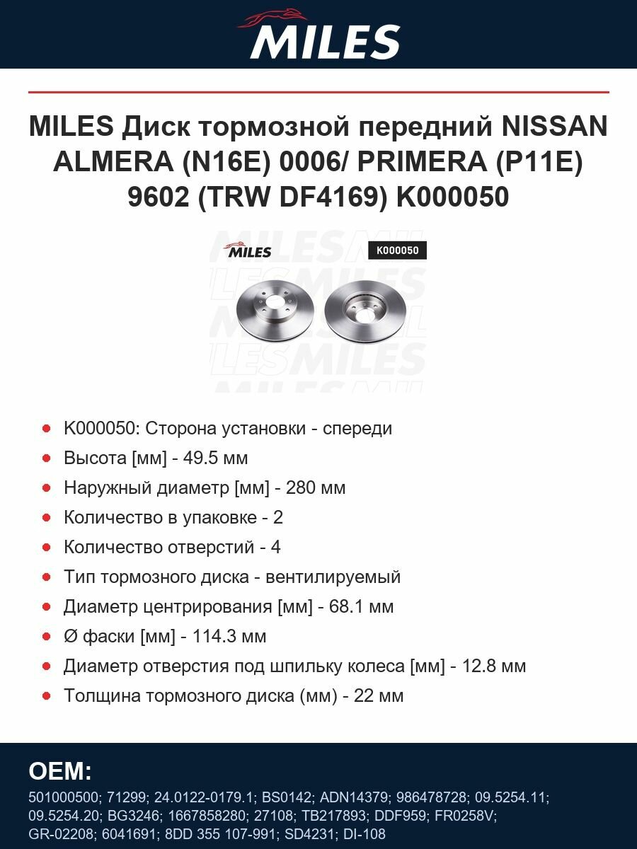 MILES Диск тормозной передний NISSAN ALMERA (N16E) 0006/ PRIMERA (P11E) 9602 (TRW DF4169) K000050