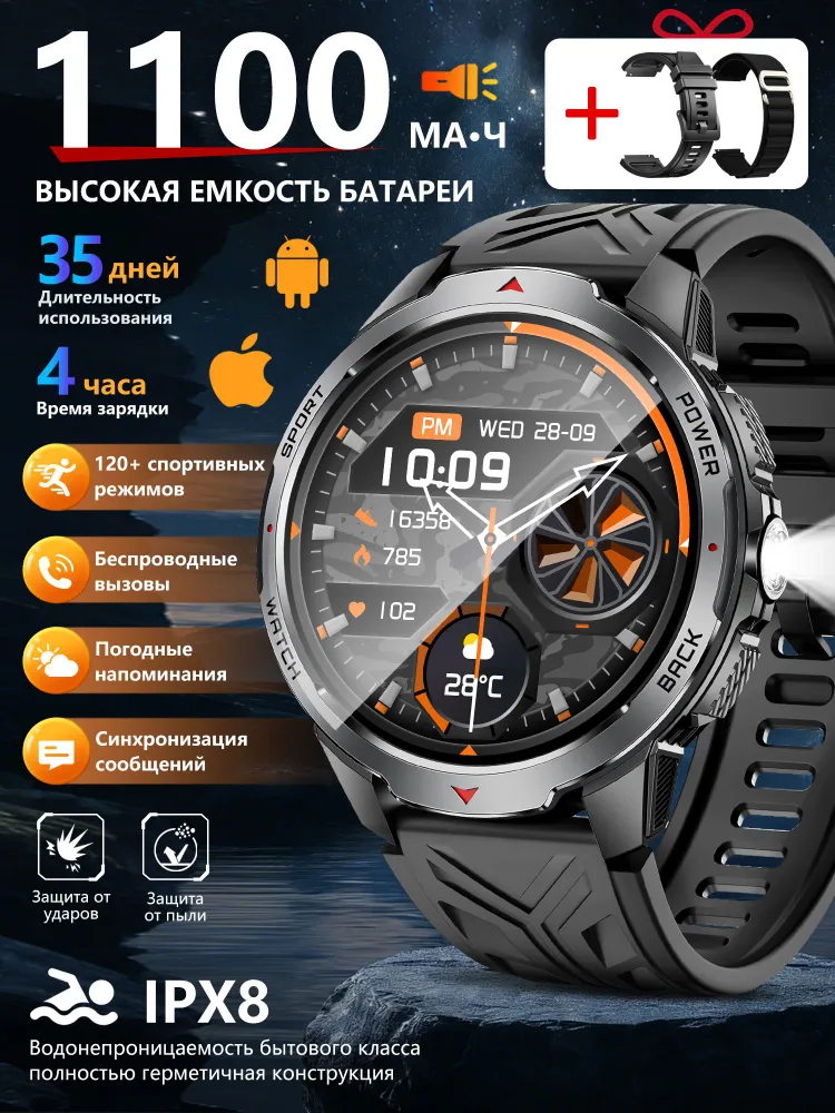 Умные часы JITE, сенсорные, водонепроницаемость IP68, батарея 1100 мАч