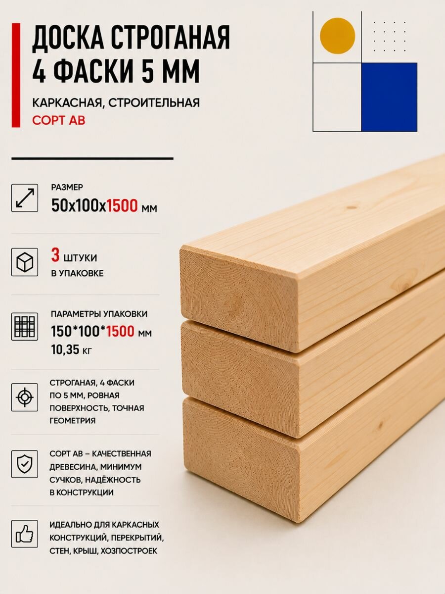 Доска строганая 4 фаски 5 мм, каркасная, строительная, сорт АВ, 50*100*1500, пачка 3шт