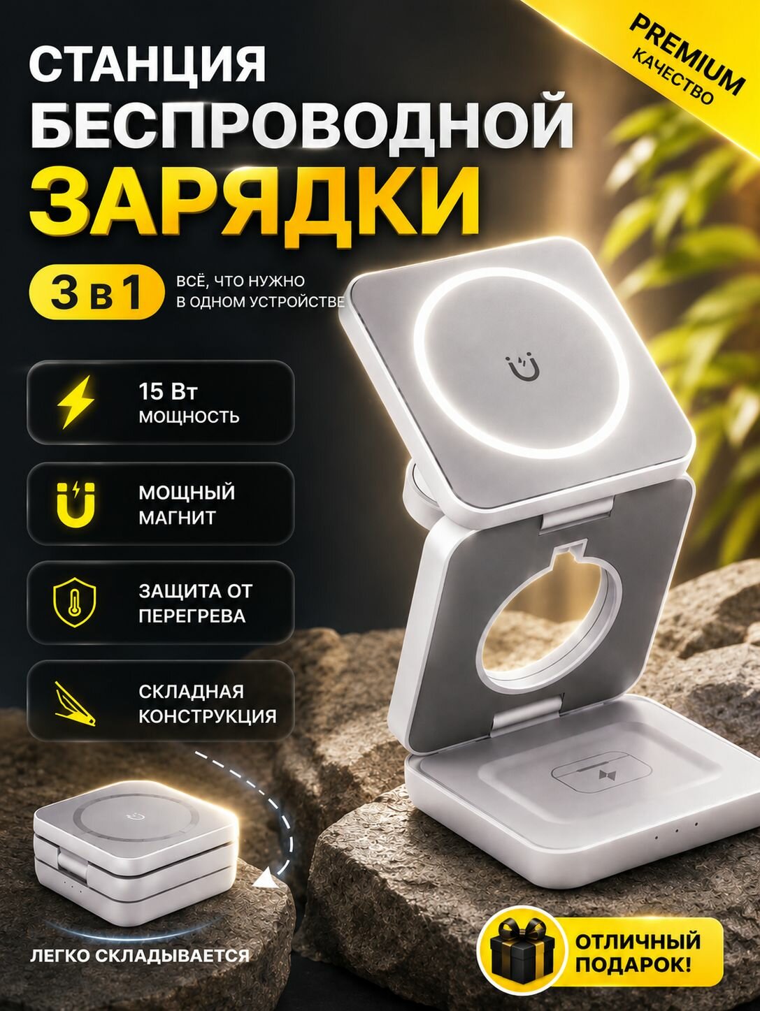 Зарядка беспроводная, зарядка для iPhone и Android 3 в 1, док станция белая