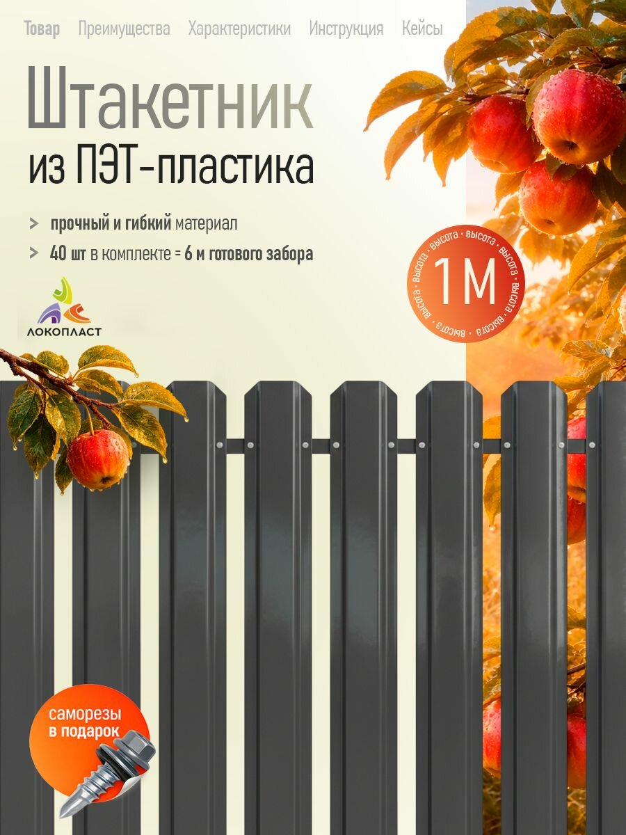 Штакетник пластиковый графит 1 м. скруглённый 40 шт. для забора