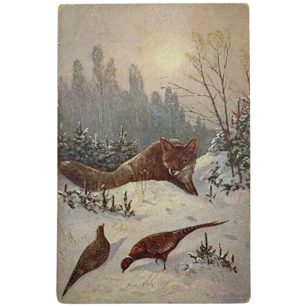 Почтовая открытка "Лиса выслеживает фазанов" 1900-1917 гг. Германская Империя
