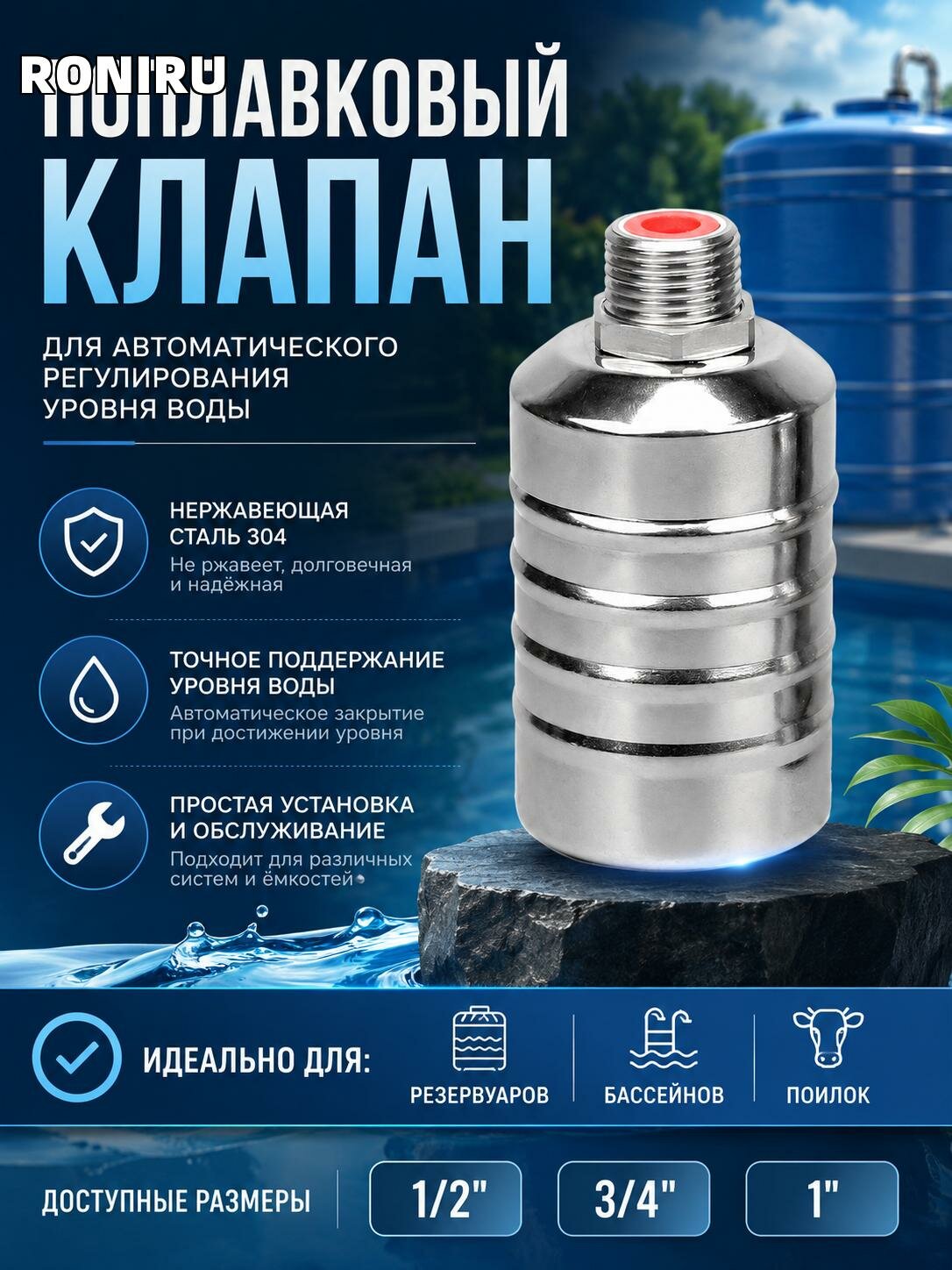 Поплавковый клапан для автоматического регулирования уровня воды в резервуарах, бассейнах и поилках 1/2", 3/4", 1"