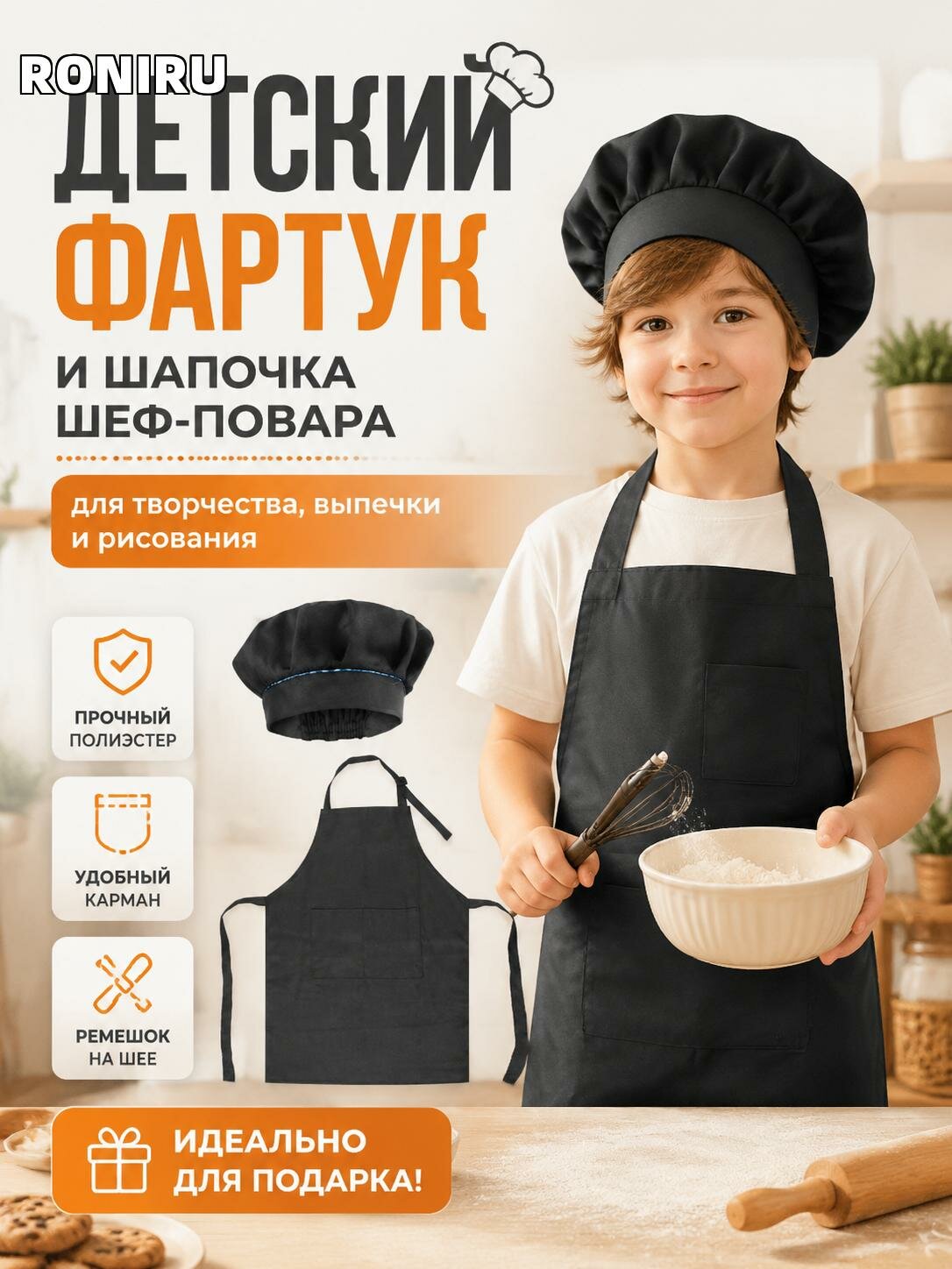 Детский фартук и шапочка шеф-повара для рисования, выпечки и творчества с ремешком на шее и карманом, полиэстер
