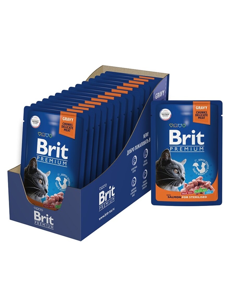Корм для взрослых стерилизованных кошек Brit Premium Лосось в соусе 14шт.*85г