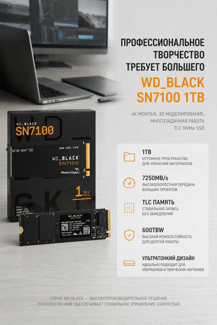 Жесткий диск SSD M.2 1TB Western Digital WD Black SN7100, 7250/6900MBs, 140000 IOPS, 3D TLC, PCI-E 4.0 x4