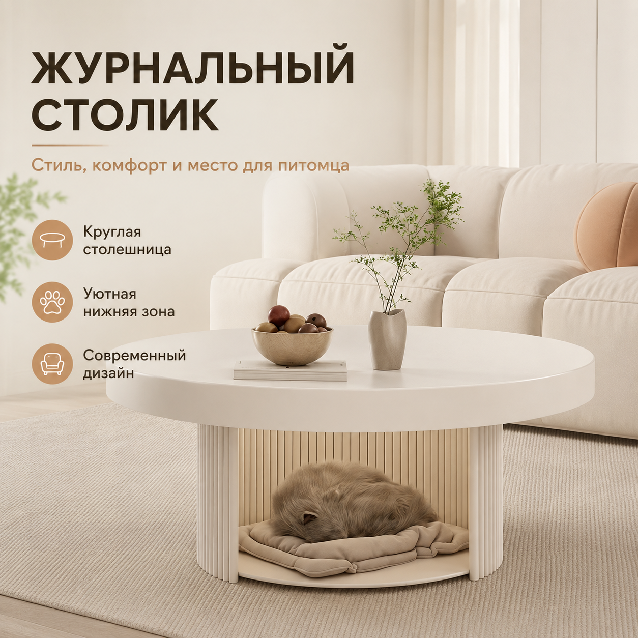 Столик журнальный, шпон, металл, овальный, 75 см x 75см x 40см, белый