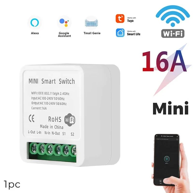 Миниатюрный Wi-Fi Выключатель Света 16А С Двойным Управлением, Совместимый С Tuya/Smartlife