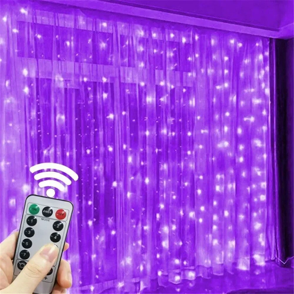 USB светодиодная гирлянда-штора теплый белый 3 метра 3x3M 300LEDs, Фиолетовый, purple