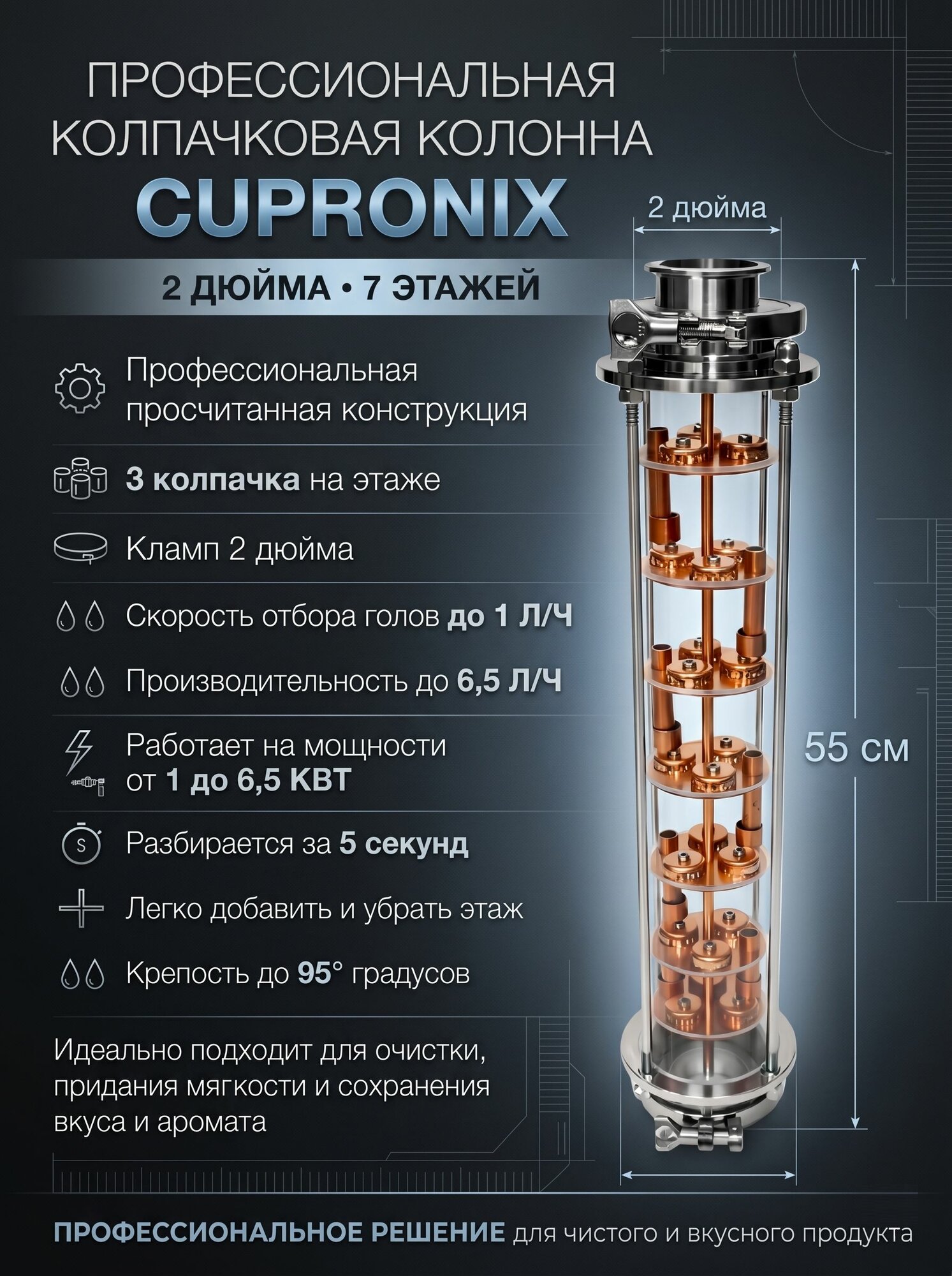 Колпачковая тарельчатая колонна 2 дюйма 7 этажей 3 колпачка на этаже