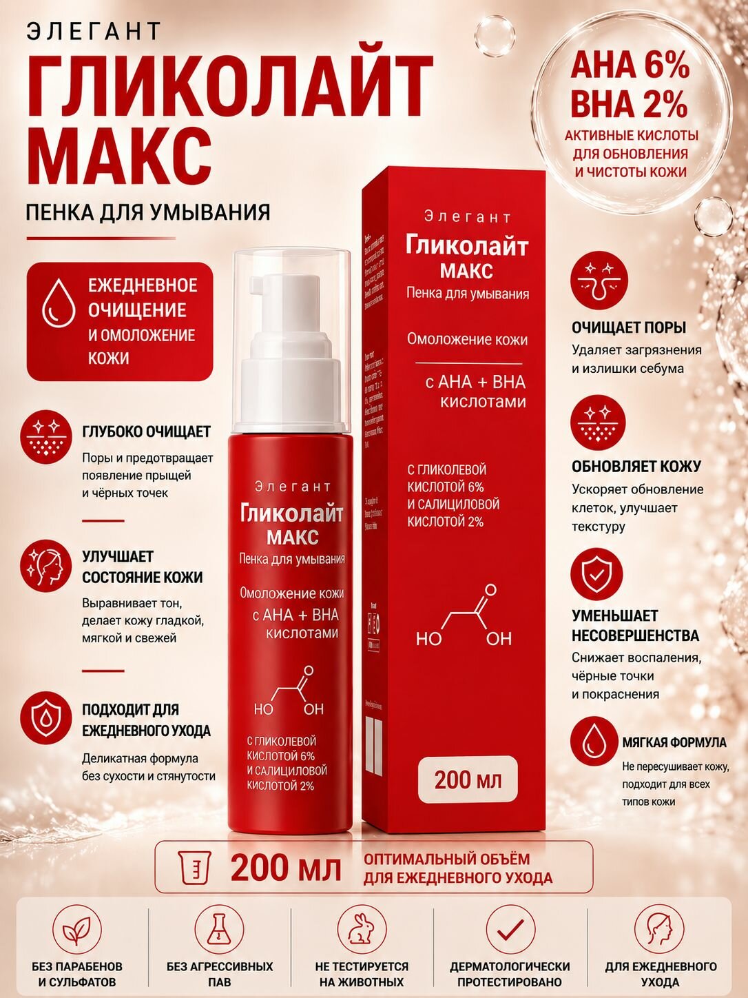 GLYCOLITE MAX пенка для умывания лица с гликолевой и салициловой кислотами от прыщей 200 мл