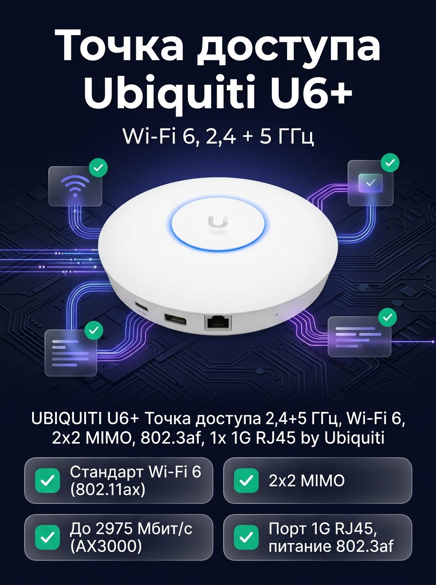 Точка доступа Ubiquiti U6+, Wi-Fi 6 (802.11ax), AX3000, 2.4/5 ГГц, 2x2 MIMO, PoE 802.3af