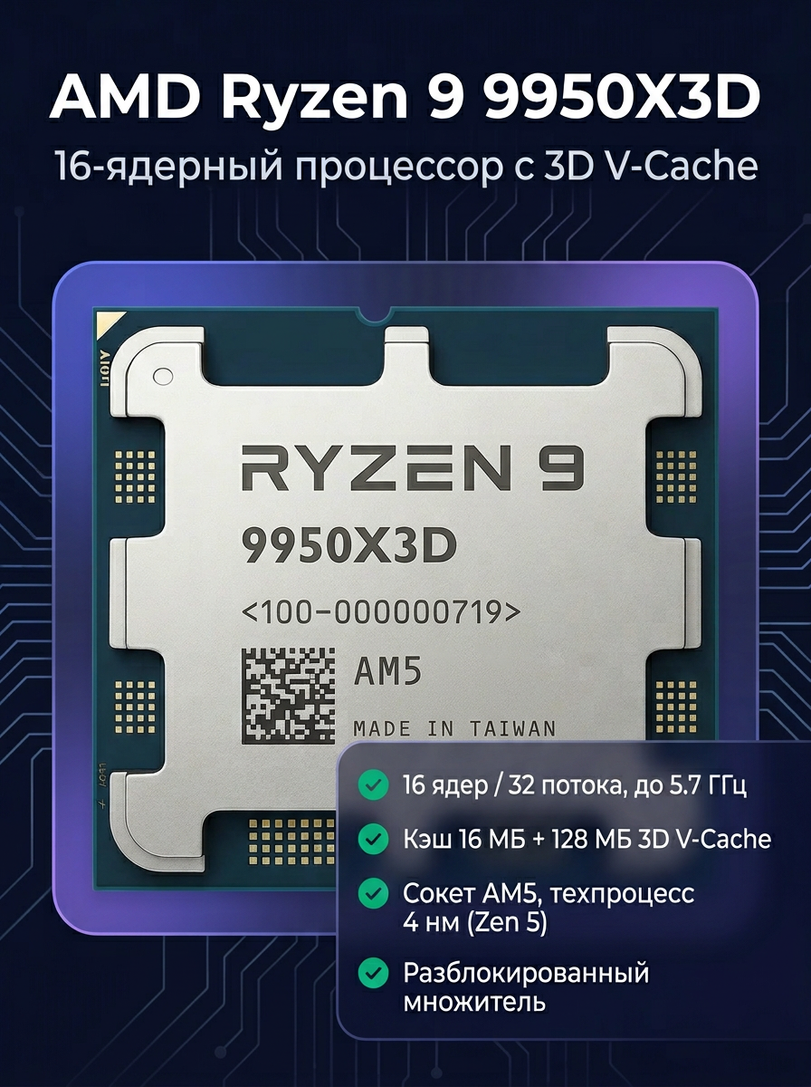 Процессор AMD Ryzen 9 9950X3D TRAY (100-000000719), AM5, 16 ядер/32 потока, 4.3-5.7 ГГц, 128 МБ 3D V-Cache, Radeon, разблокирован