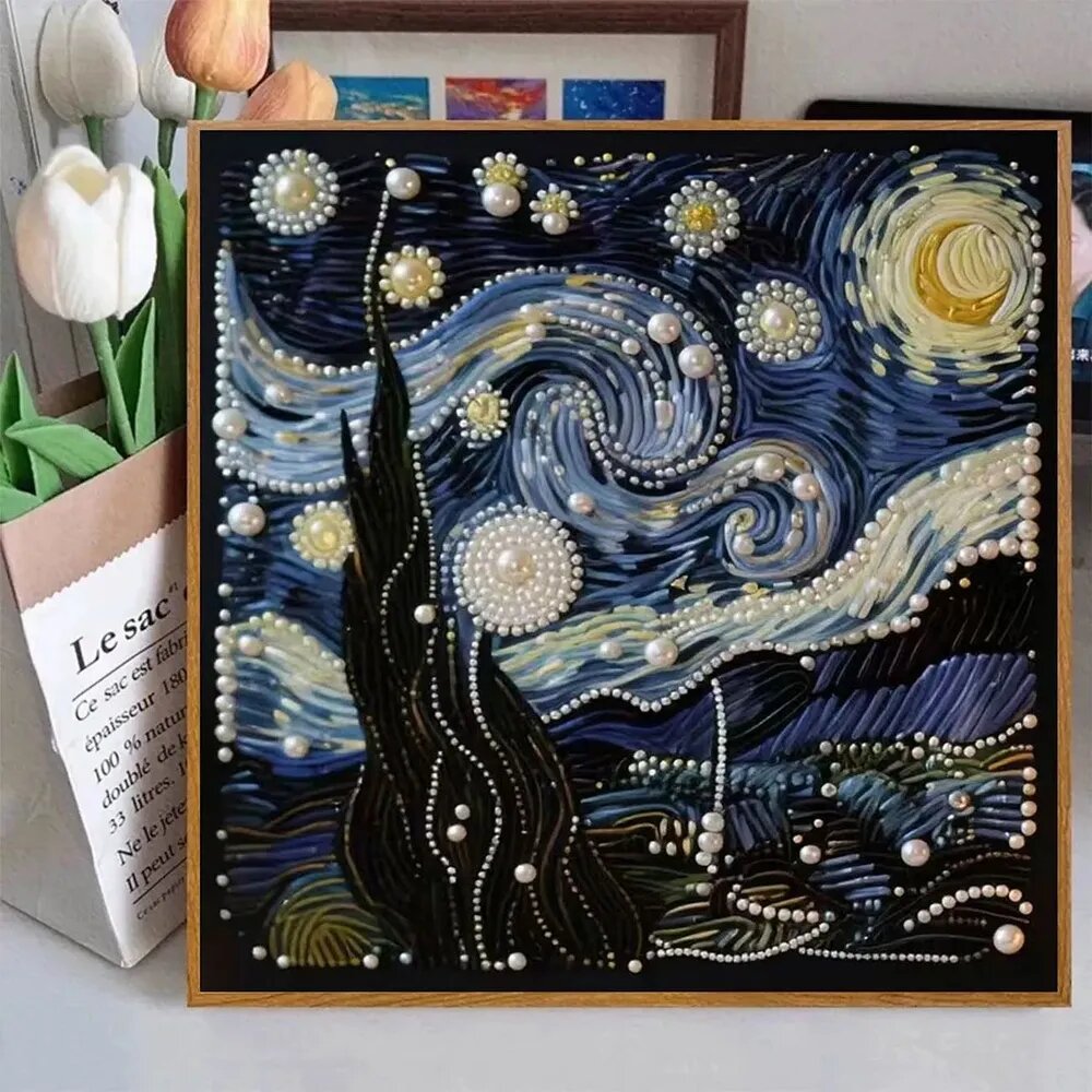 Алмазная мозаика на подрамнике 20X20CM Картина Ван Гога Звездная ночь - жемчуг стразы