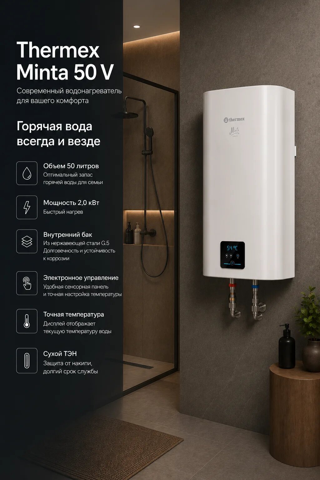 Водонагреватель Thermex Minta 50 V белый, вертикальный, "сухой" ТЭН, 50л, 2 кВт