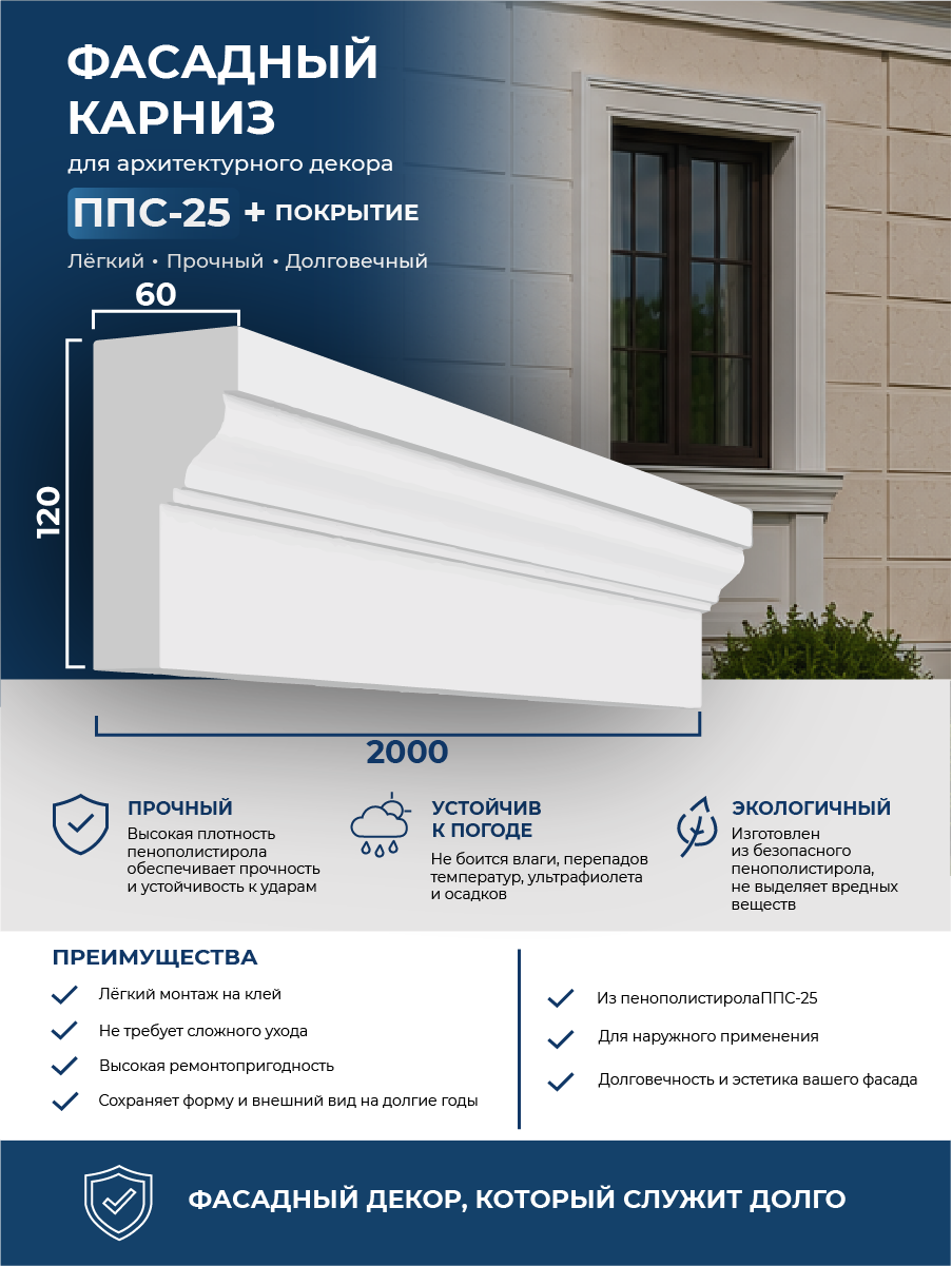 Фасадный карниз из пенополистирола IZODECOR 6х12х200 см, ППС-25 с покрытием. Фасадный декор