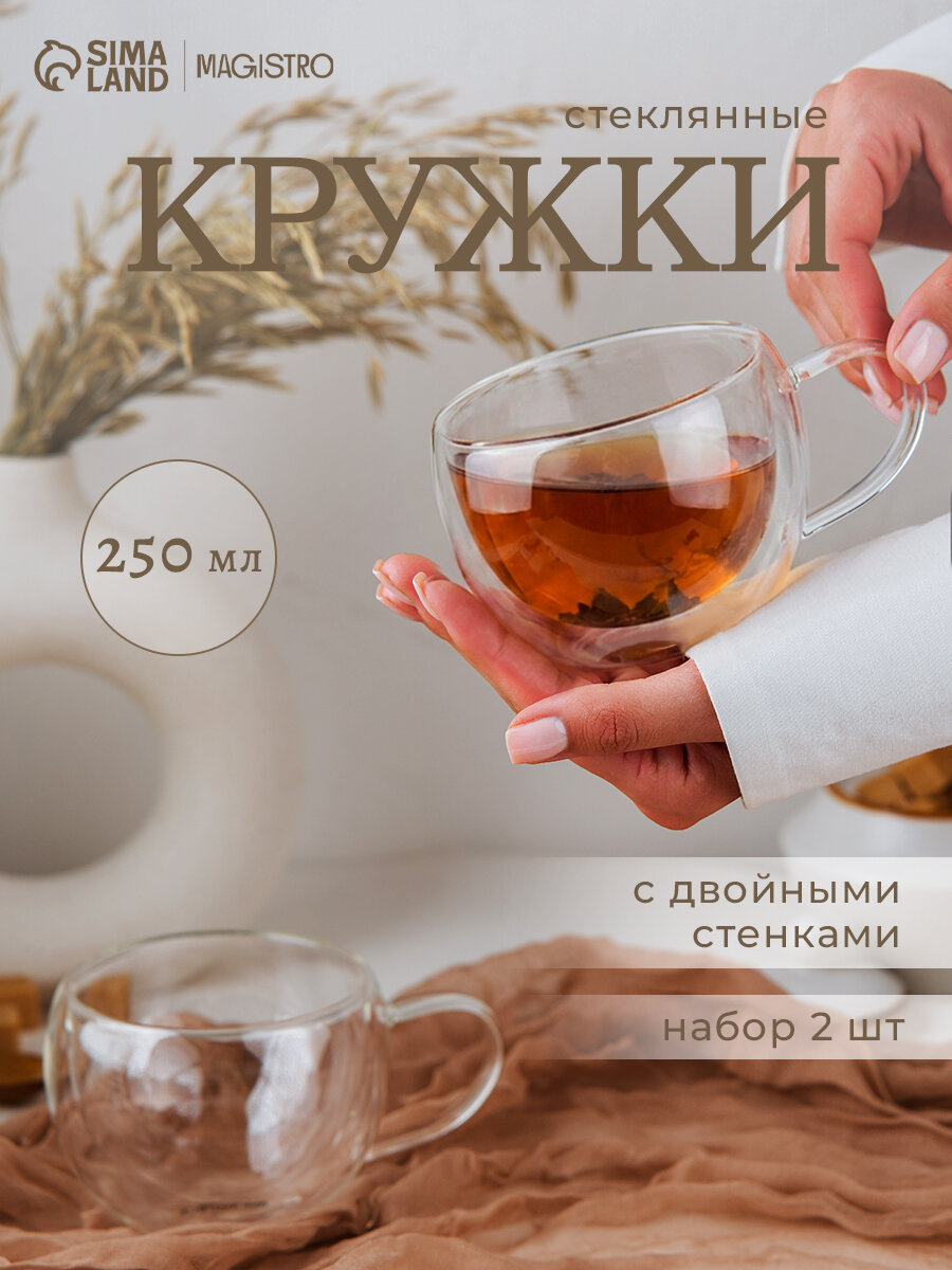 Кружки для чая и кофе с двойными стенками Magistro «Лиди», 250 мл, стекло, на 2 персоны