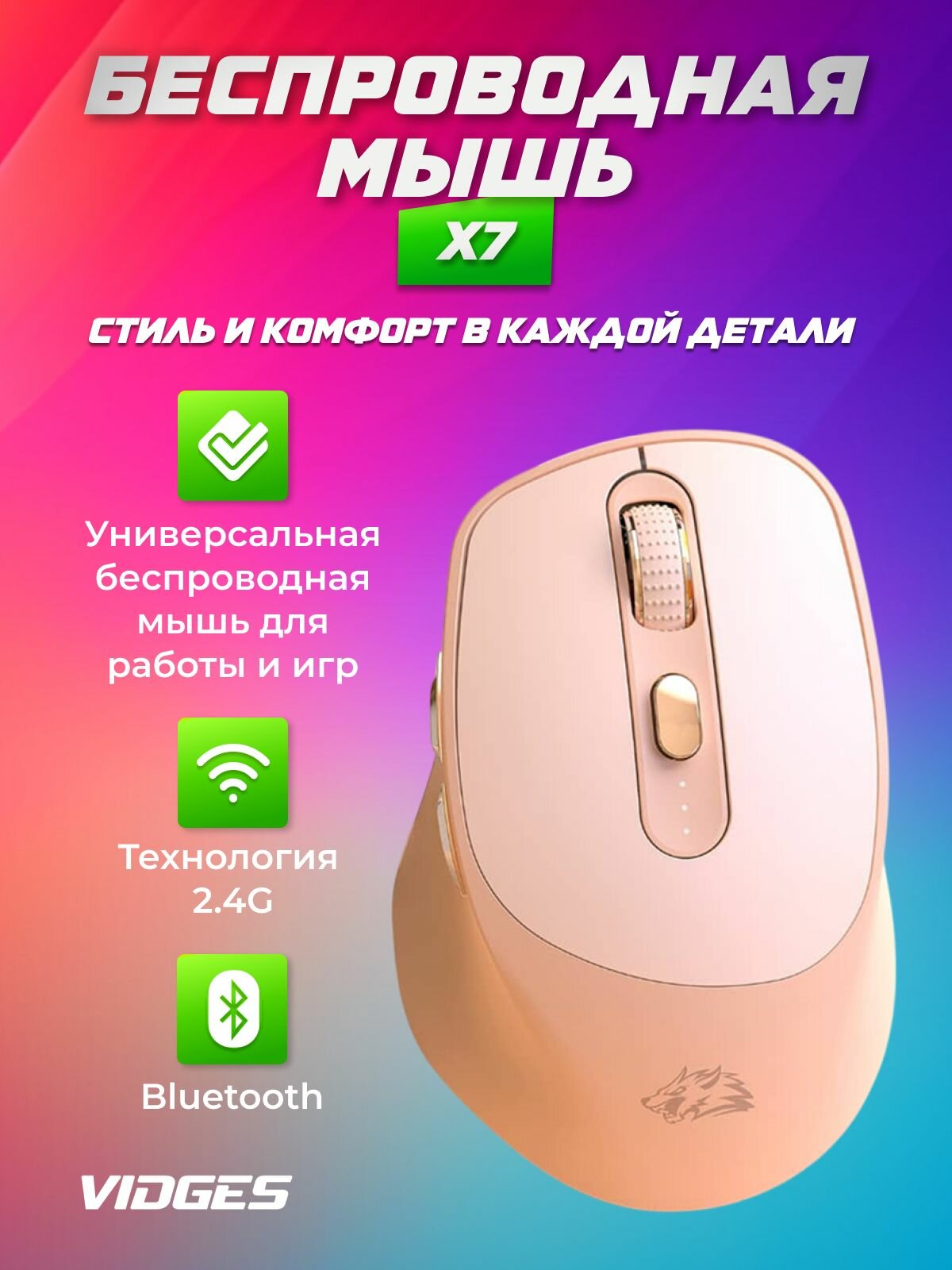 Беспроводная компьютерная мышка VIDGES X7 для игры и офиса бесшумная, высокочувствительная 2.4 GHz + Bluetooth