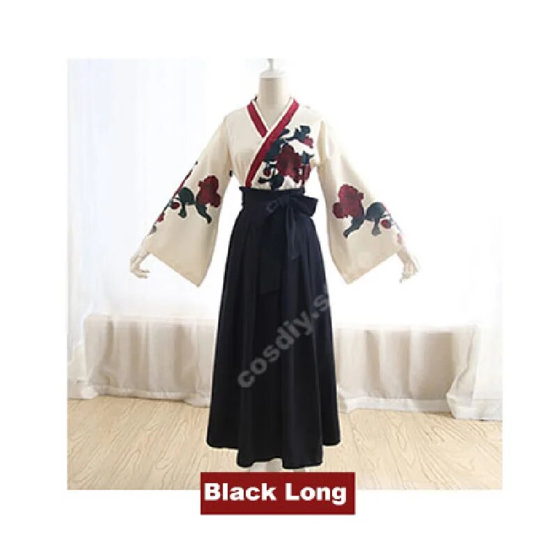 Женское японское кимоно с цветочным принтом S, Black Long