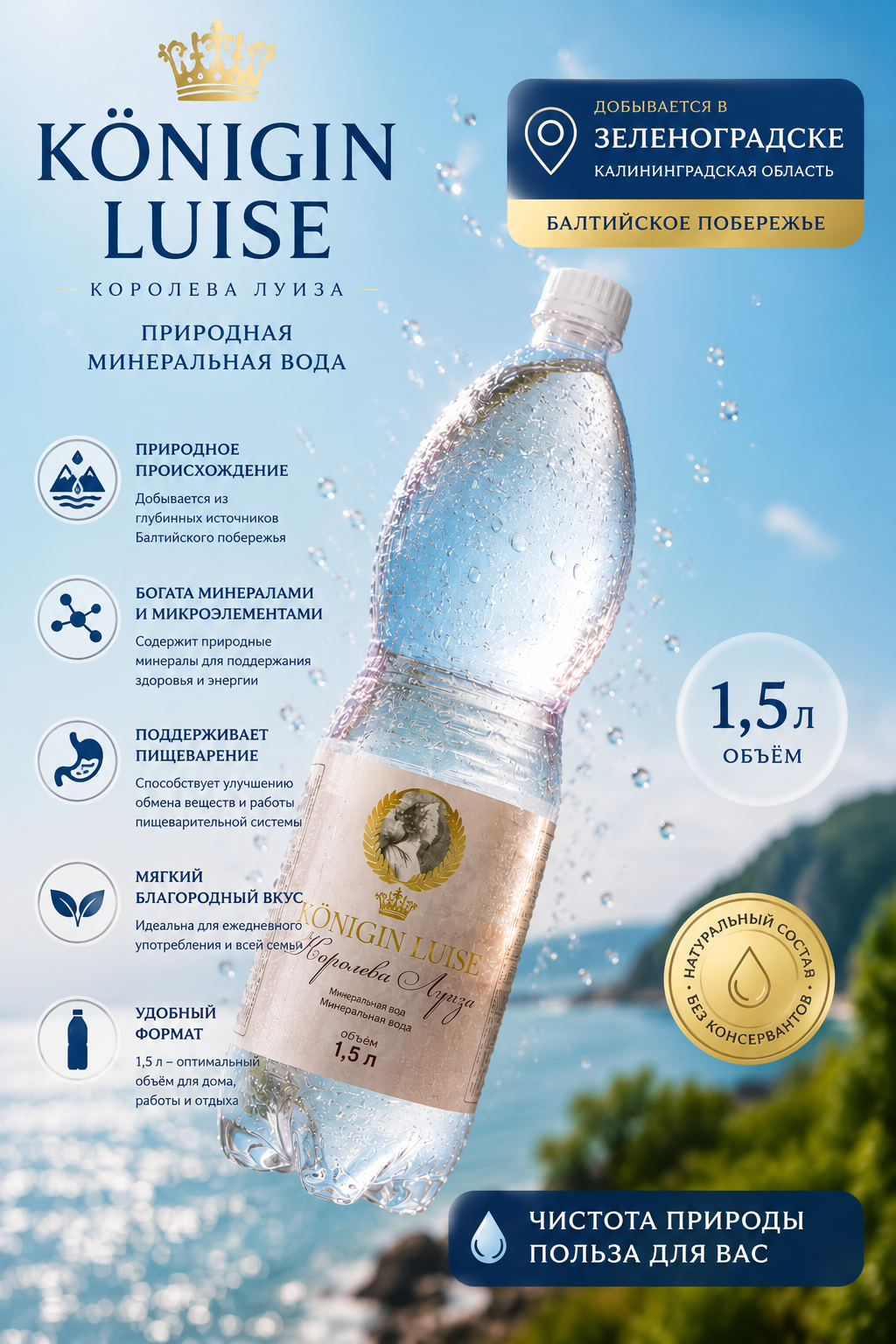 Минеральная вода Konigin Luise/Королева Луиза (Зеленоградская) 6 шт. 1,5 л, ПЭТ