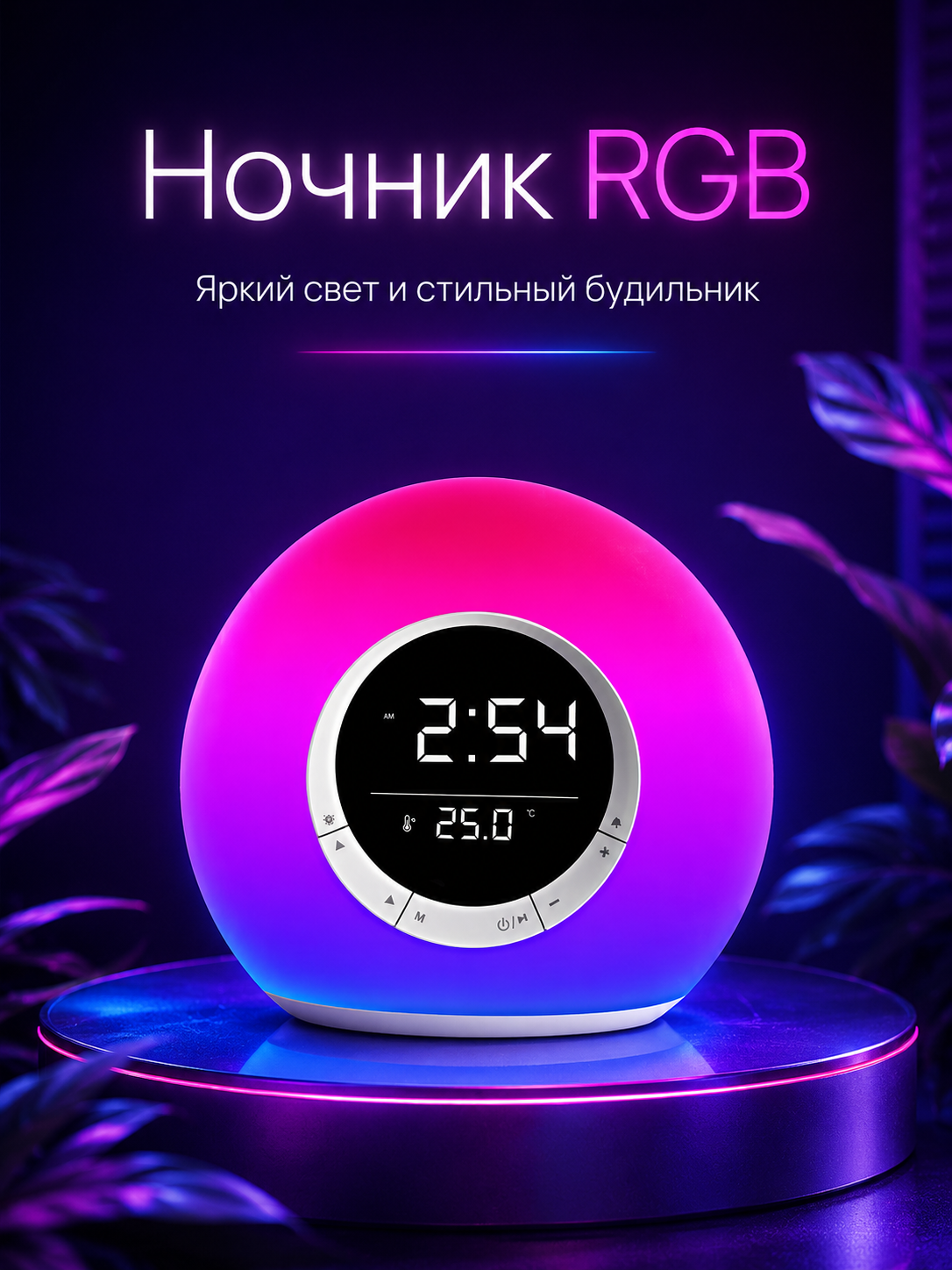 Ночник RGB с часами, Настольный портативный cветодиодный светильник, Будильник, 10 режимов подсветки, 3600 mAh
