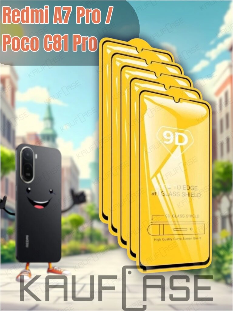 Стекло KaufCase глянцевое, комплект 5 шт для Xiaomi Redmi A7 Pro/ Poco C81 Pro (6.9"), черная рамка. На экран