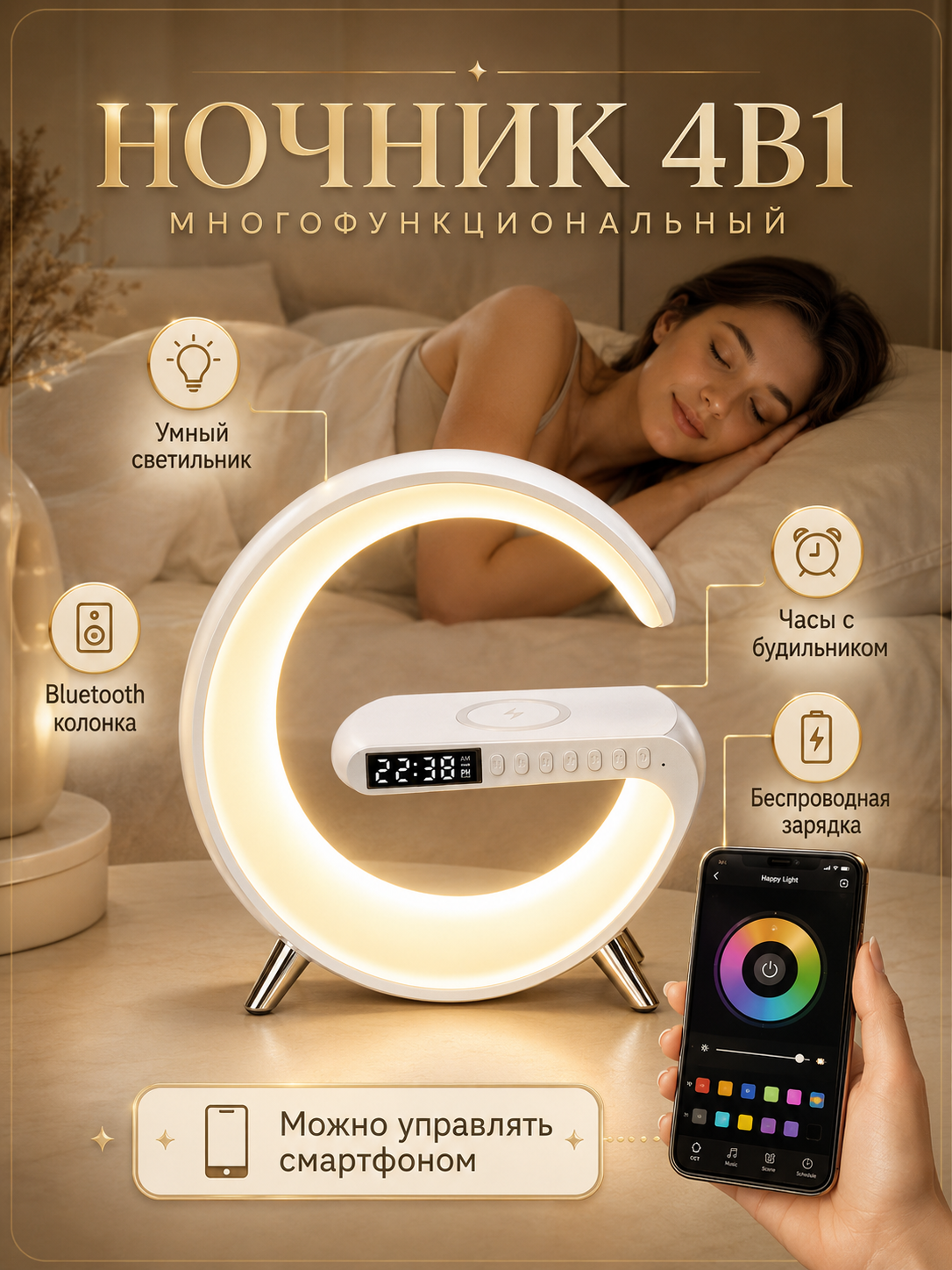 Умный светильник "Ночник", RGB, с беспроводной зарядкой, 15 Вт, белый