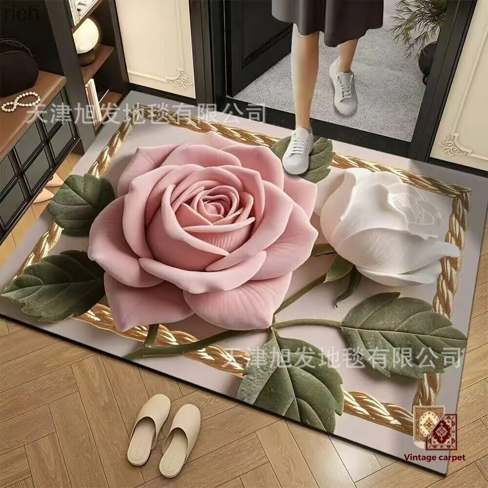 Ковер 40x60 см，Зелёный ковёр с прямоугольными цветочными узорами — фото 1