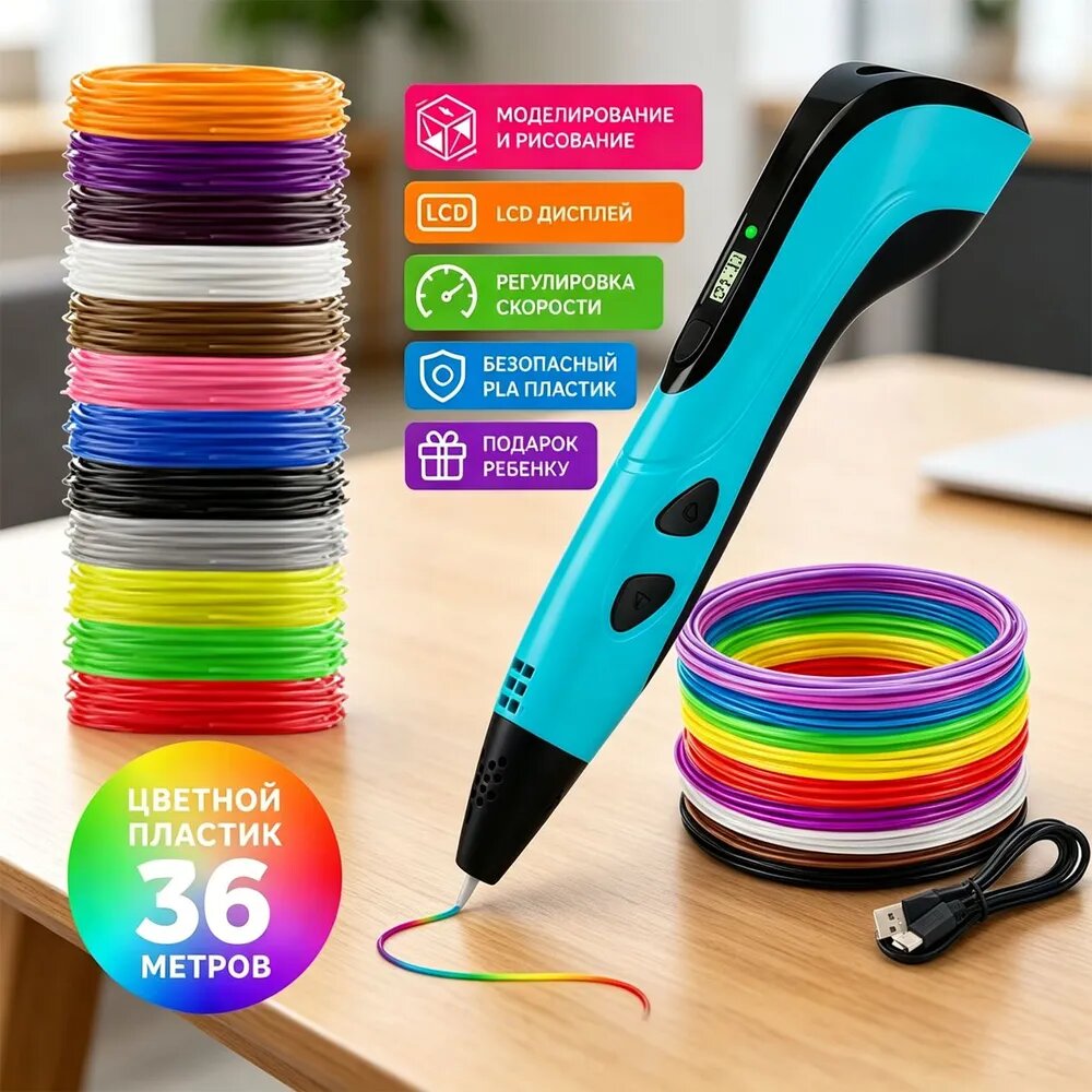 Детская 3D ручка PRO с пластиком PLA и трафаретами / Развивающая игрушка для творчества