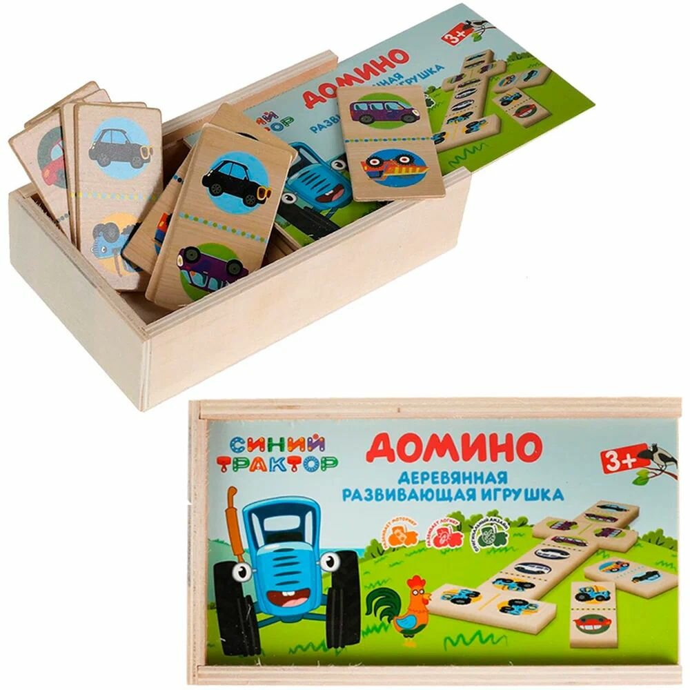 Настольная игра Играем вместе "Синий трактор", домино, дерево, 28 элементов