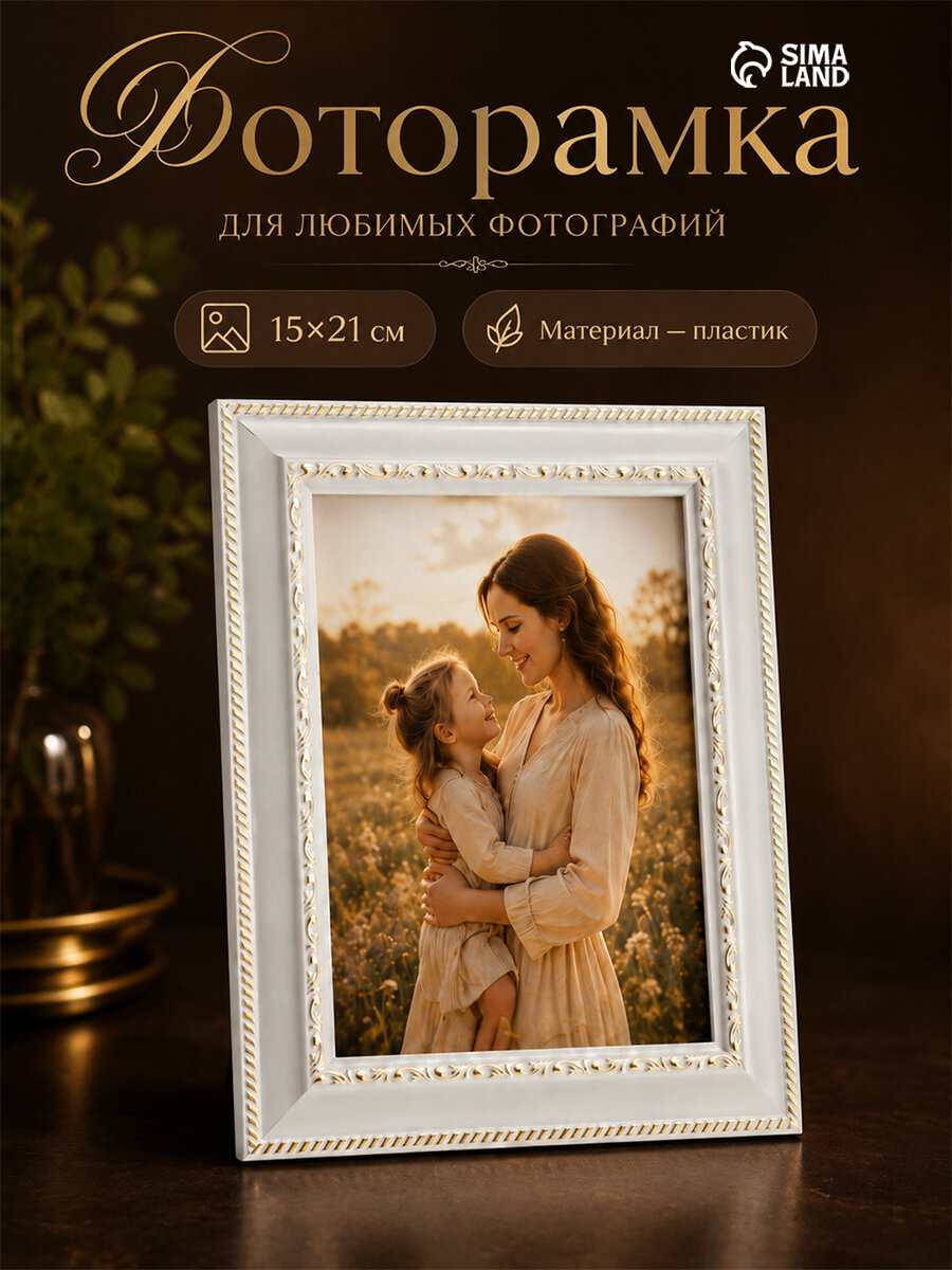 Фоторамка для фото 15×21 см мирам пластик, цвет белый с золотом