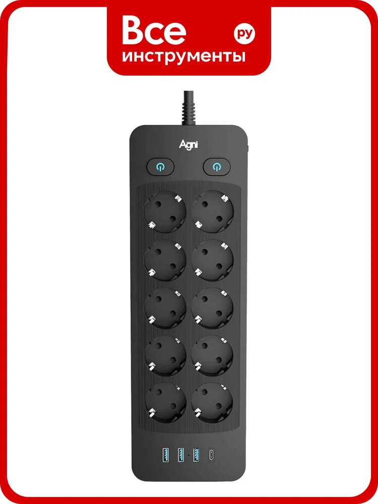 Сетевой фильтр AGNI плоский 10 розеток c кабелем 2м, черный,4 USB TP-FO4U10E-С-2m-black