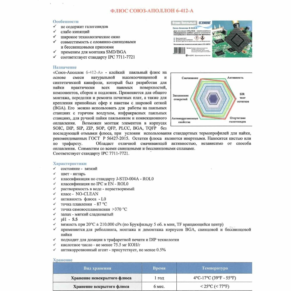 Флюс паяльный Союз-Аполлон 6-412-А 10 мл ELEMENT 17648 — фото 1
