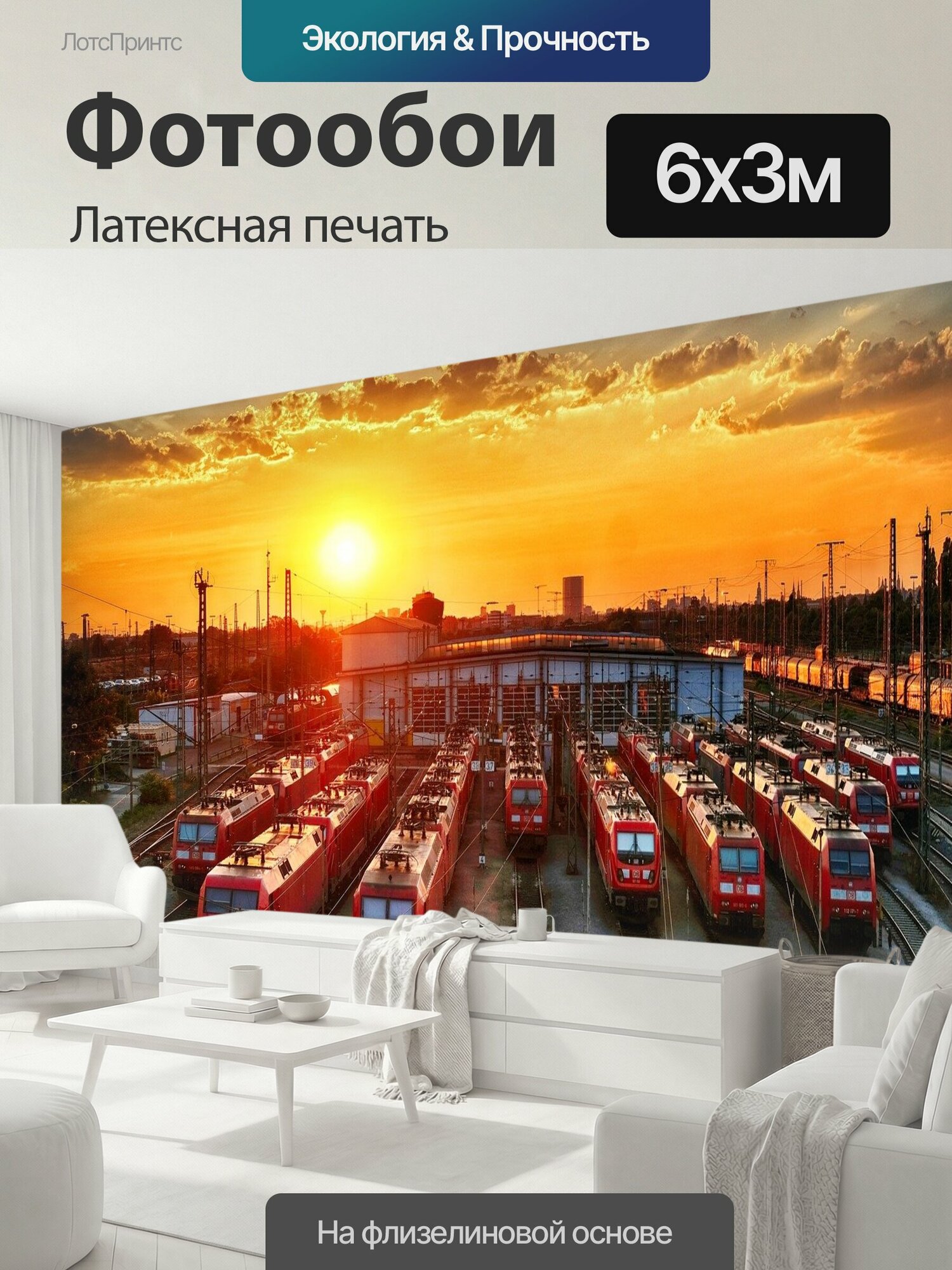 Фотообои моющиеся ударопрочные "Паровоз, вагон, железная дорога" 600x300 см. латексная печать