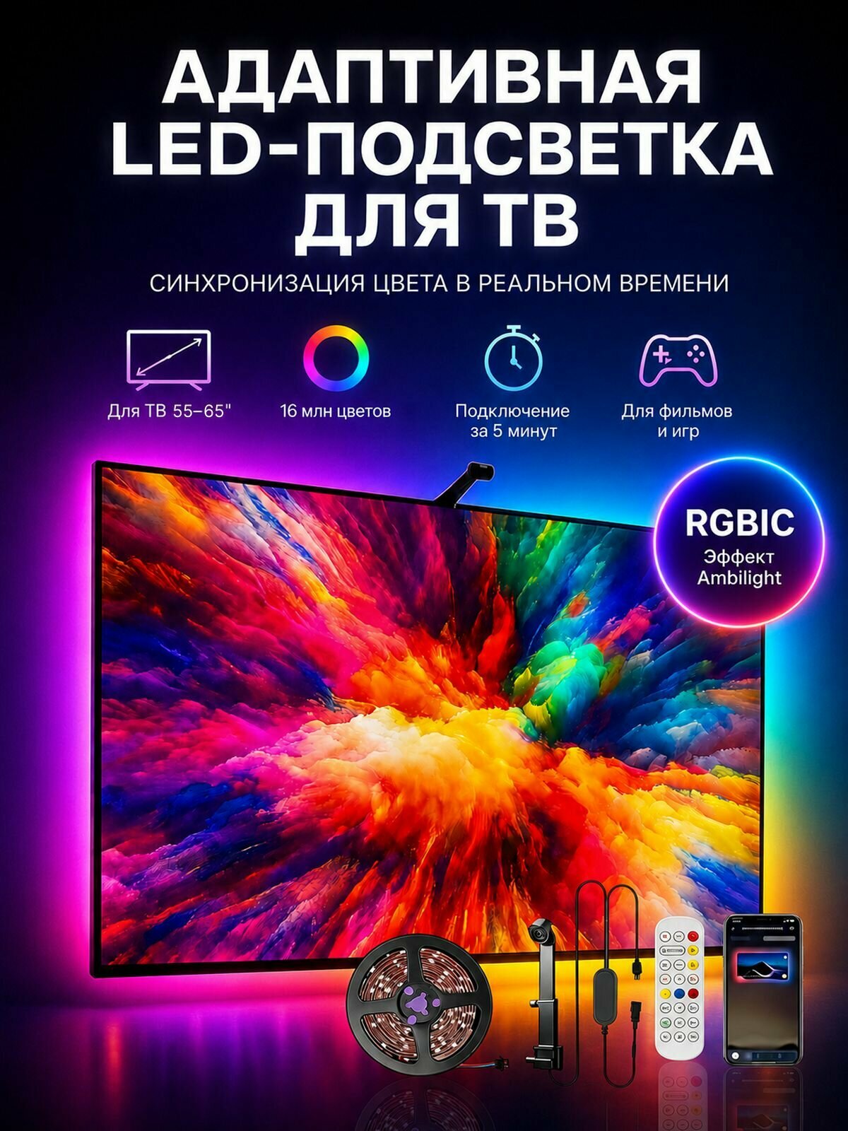 Адаптивная светодиодная LED-подсветка для ТВ 55-65" дюйма RGBIC Ambilight с датчиком цвета, синхронизация с экраном, 16 млн цветов, комплект с пультом
