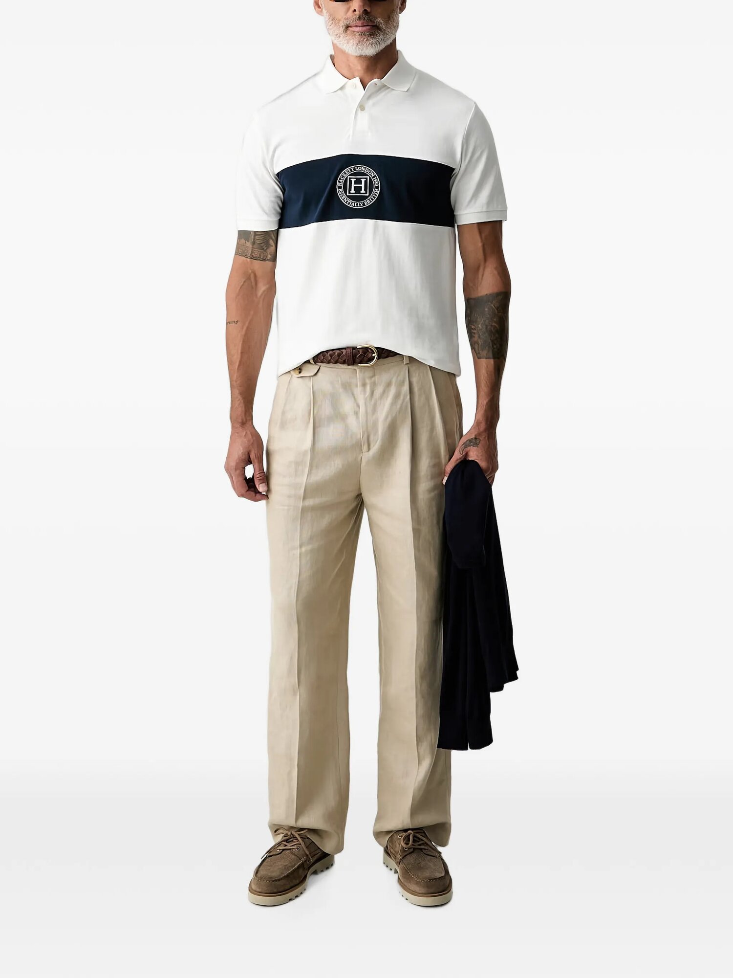 Рубашка HACKETT London Logo-embroidered buttoned polo shirt, размер 52, бежевый/белый — фото 1