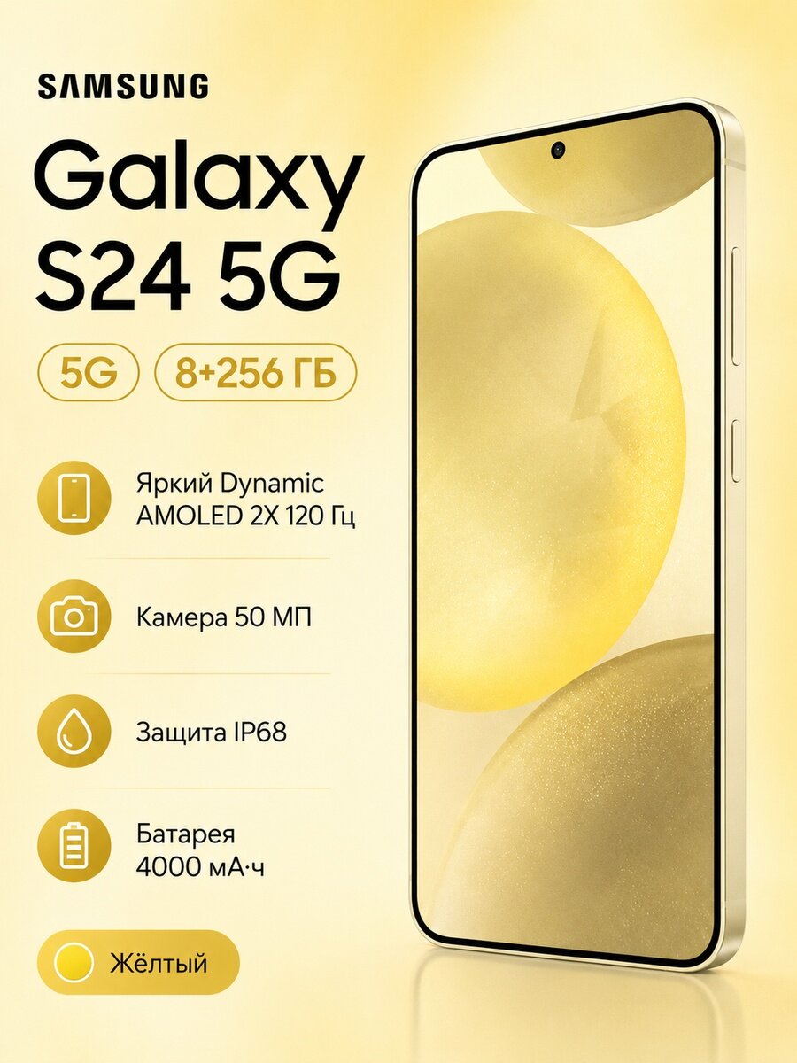 Смартфон Samsung Galaxy S24 5G 8/256 ГБ, желтый, компактный флагманский телефон