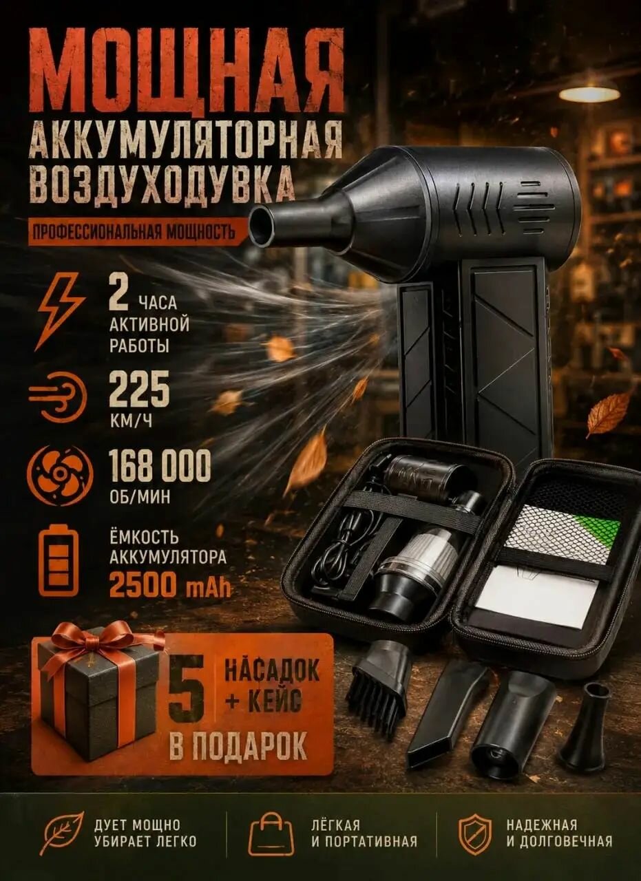 Воздуходувка 5в1 аккумуляторная мощная, ручной пылесос , 5 насадок, 4 режима, c защитным кейсом.-YL